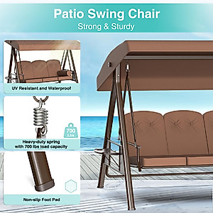 ZENPETIO 3-Seat Outdoor Patio Swing, Adjustable Canopy Porch Swings, Deluxe Outdoor Swing with Weather Resistant Steel Frame, Thickened Cushions, Pillows & Cup Holders for Backyard, Porch, Garden