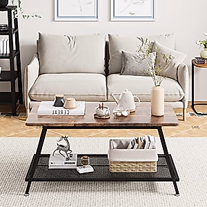 IDEALHOUSE Coffee Table Industrial Center Table 2-Tier Living Room with Mesh Shelf Rectangle Wood Cocktail Table Metal Frame, Easy to Assemble, Rustic Brown