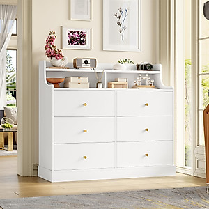 finetones 6 Drawer Dresser, White Dresser Double Dresser with Shelves, White and Gold Dresser, Wide Chest of Drawers, Dressers & Chests of Drawers, Large Wooden Storage White Dresser for Living Room