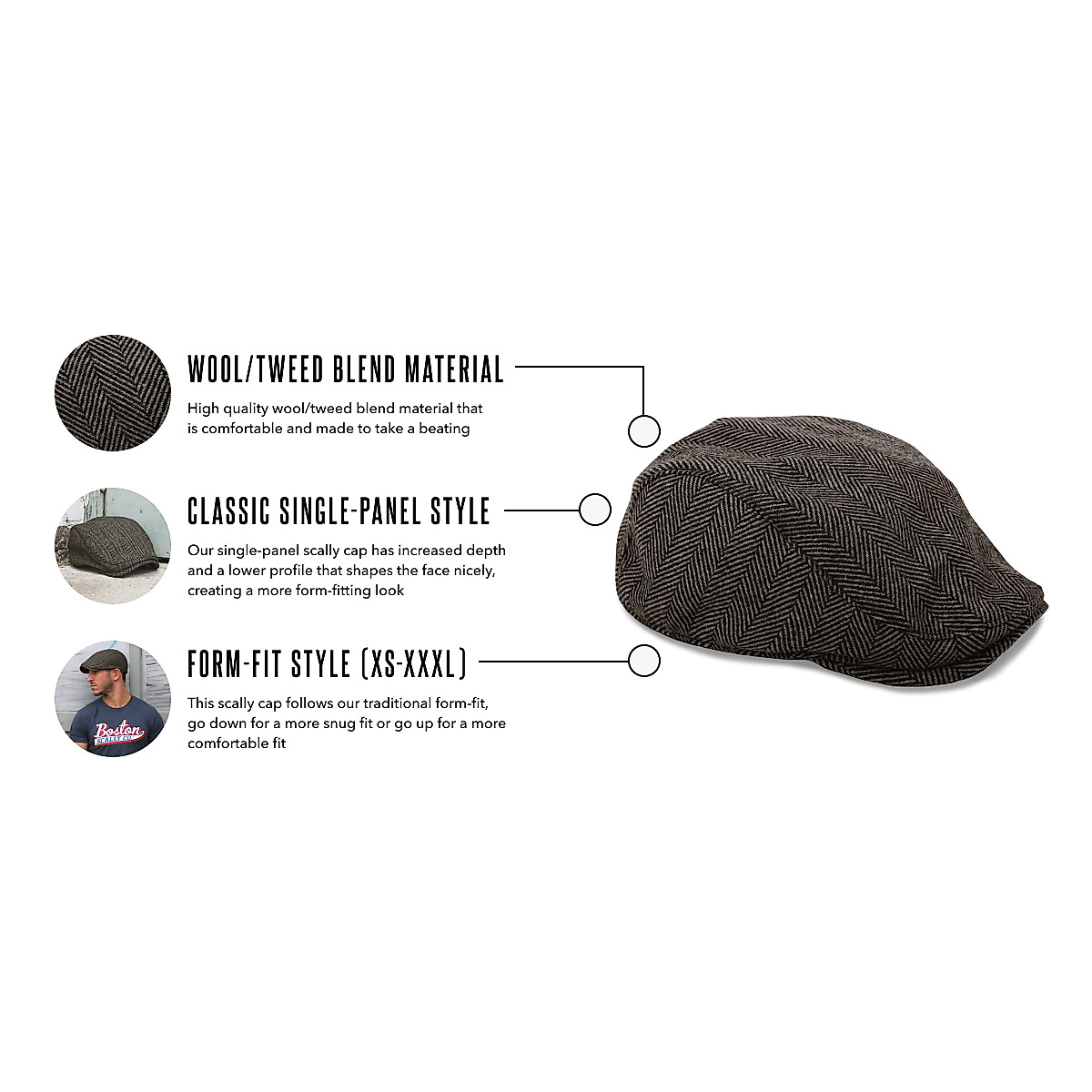The Original Boston Scally Cap - The Original Newsboy Flat Cap - Single Panel Cotton Fitted Hat for Men - Grey Herringbone - XXL