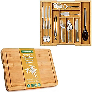 Thick Bamboo Cutting Board and Bamboo Kitchen Drawer Organizer Large Silverware Tray for Spoon Fork Flatware （7-9 Slot）
