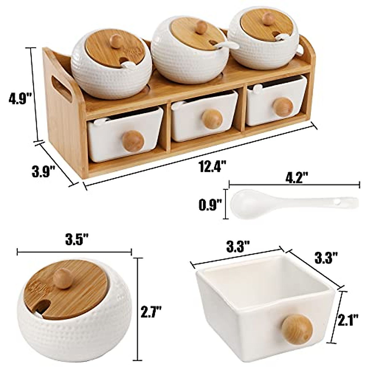 Yesland 6 Pcs Porcelain Condiment Jar Spice Container with Lid - 5.8 Oz Sugar Bowl Set with Spoons and Tiered Bamboo Display Rack - Pottery Cruet Pot for Sugar Serving Salt Coffee Tea, Label Included