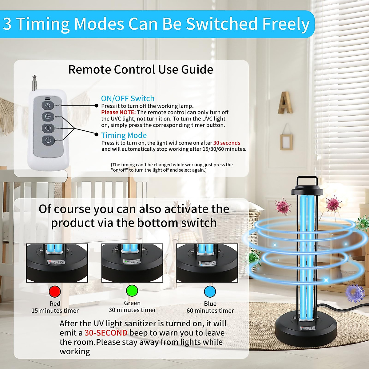 coospider-repta 38W UV Sanitizer Light, Portable Ultraviolet Light with 3-Gear Timer and Remote Control, 110V UV Light, 99.99% UVC Cleaning Lamp for Home, Office, Hotel, School