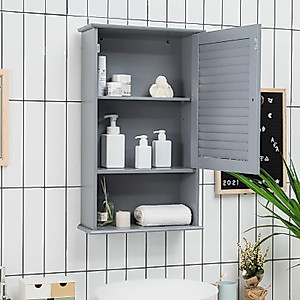 Tangkula Medicine Cabinet, Wall Mounted Bathroom Cabinet Single Door Wooden Bathroom Wall Cabinet with Adjustable Shelf (Grey)