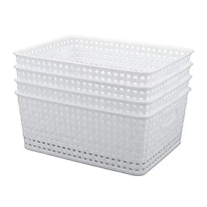 Nesmilers Small Plastic Storage Baskets, White Plastic Woven Baskets, 4-pack