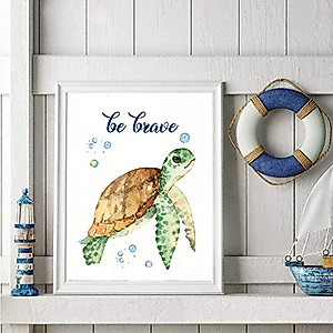 SUUURA-OO Lovely Inspirational Words Texture of Dreams Watercolor Sea marine life Art Print Set of 4 (8”X10”), Sea Turtle Seahorse fish whale Jellyfish Wall Poster, Blue Ocean Theme Nursery Kids Room Wall Decor