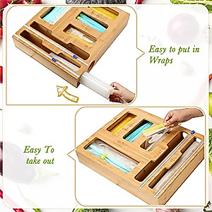 Plastic Wrap Dispenser with Cutter - 6 IN 1 Bamboo Organizer - Ziplock Bag organizer, Kitchen Drawer Foil and Plastic Wrap Organizer for Gallon, Quart, Sandwich & Snack Bag