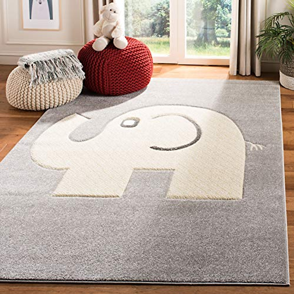 SAFAVIEH Carousel Kids Collection 4' Square Grey/Ivory CRK165B Elephant Nursery Playroom Area Rug