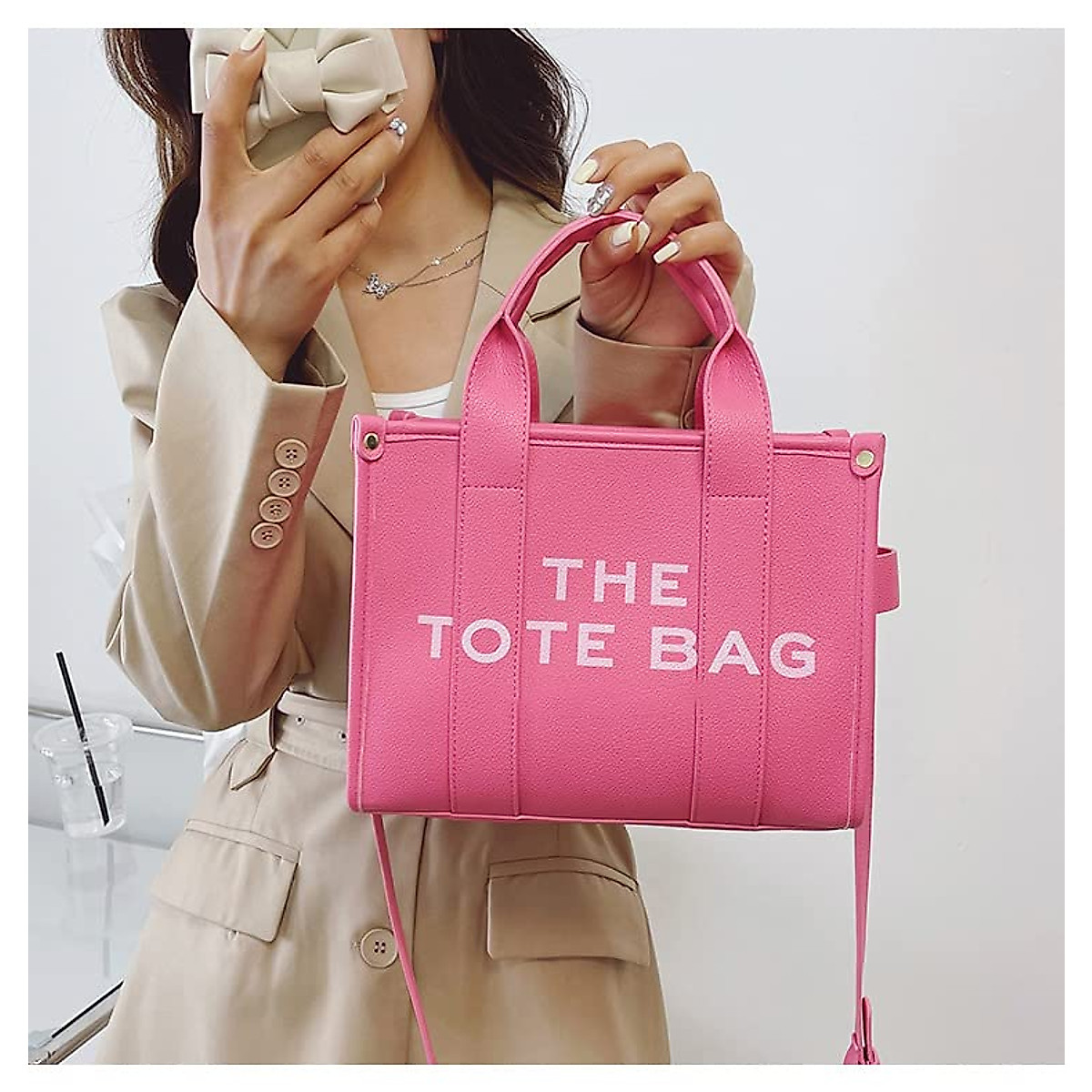 NEGBIU Tote Bags for Women, Leather Mini Tote Bag with Zipper, Shoulder/Crossbody/Handbag（10.2 * 7.8 * 3.5in (Rose Red)