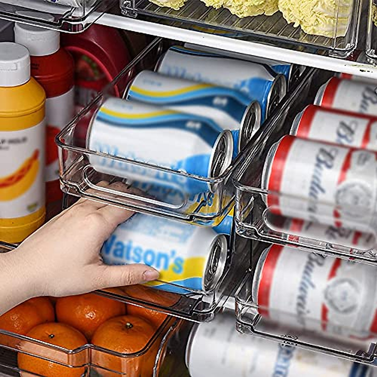 DAOGUAN Soda Can Organizer PET Double-Layer Automatic Roll-Off Refrigerator Organizer Bins with Handle for Fridge Freezer Cabinets Countertop, Clear, 13.6inch*5.31inch*6.02inch (VXORWB44GG2R04MP12A)