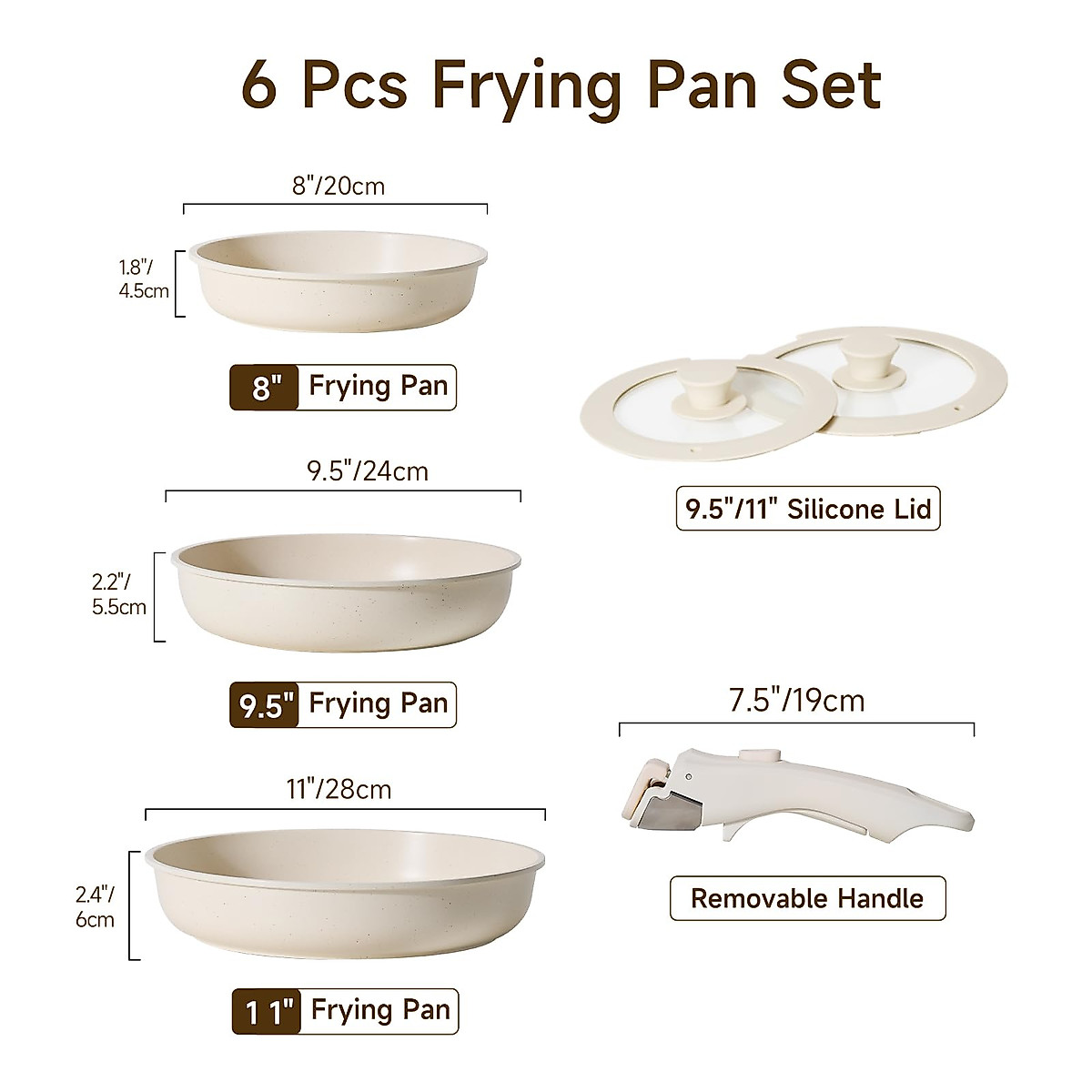 JEETEE Nonstick Frying Pan Set, Non Stick Frying Pans with lid and Detachable Handle, Frying Pan Set with Removable Handle-8 Inch-9.5 Inch-11 Inch, Oven Safe, PFOA Free, Beige