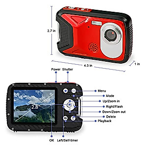 Waterproof Camera Underwater Camera for Snorkeling, Vmotal Full HD 1080P 21MP Kids Camera Rechargeable Digital Point and Shoot Cameras Vlogging Camera with 2.8 Inch Screen 8X Digital Zoom (Red)