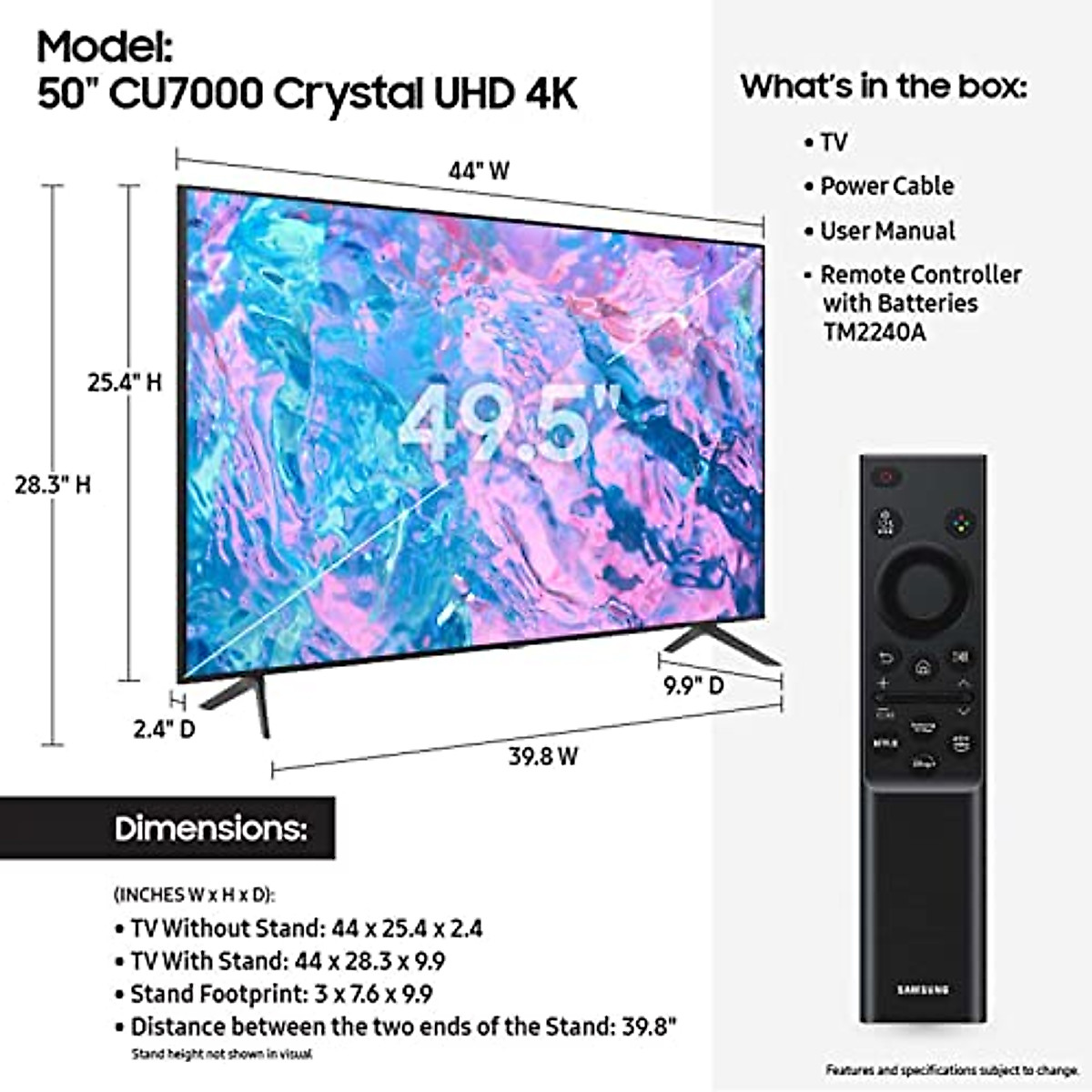 SAMSUNG 50-Inch Class Crystal UHD CU7000 Series PurColor, Object Tracking Sound Lite, Q-Symphony, 4K Upscaling, HDR, Gaming Hub, Smart TV with Alexa Built-in (UN50CU7000, 2023 Model)