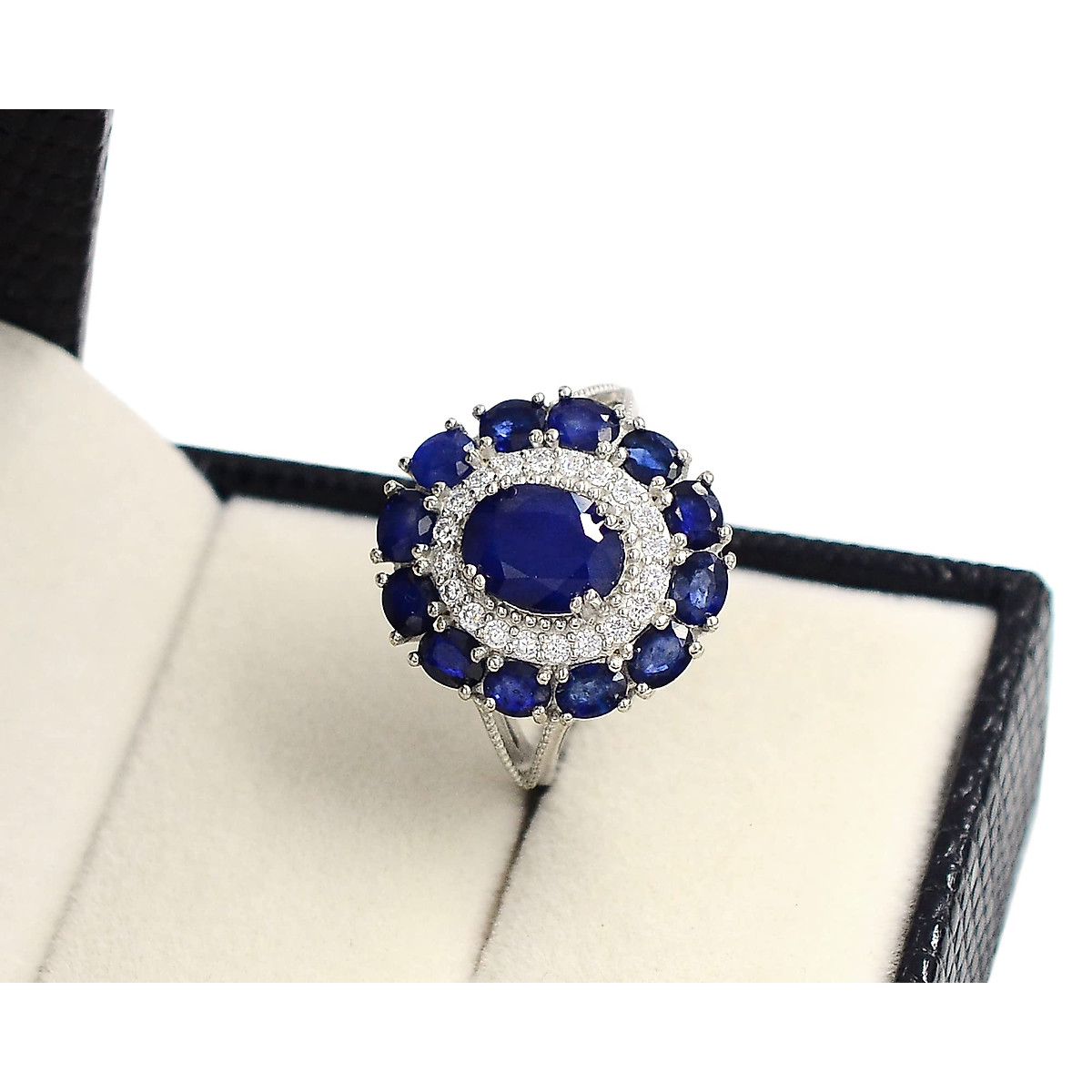 September Birthstone Natural 9X7 MM Oval Cut Blue Sapphire Gemstone 925 Solid Silver Cluster Unisex Proposal Ring Wedding Jewelry For Bridal Gift (Rhodium Plated Silver, 6)