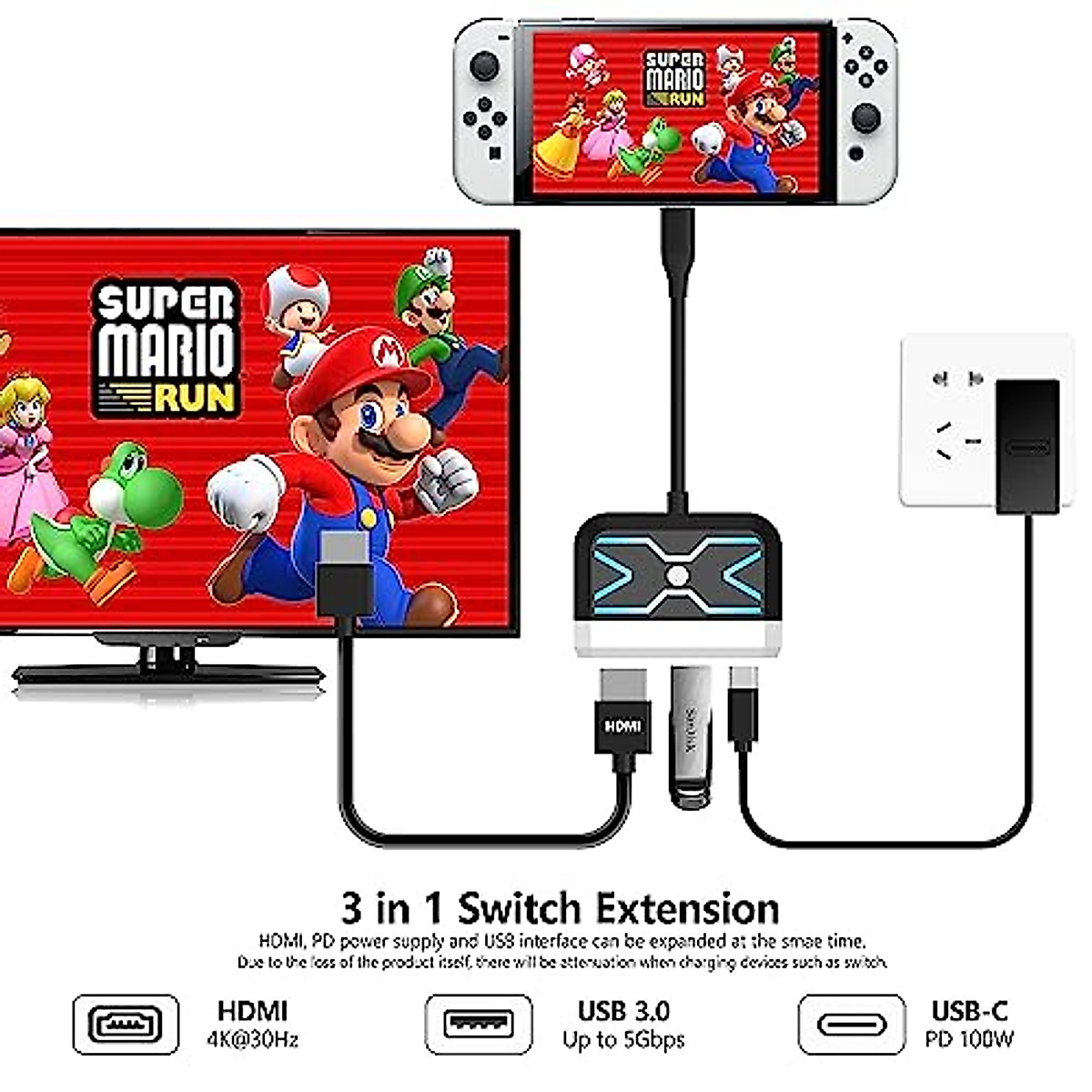 Switch Dock for Nintendo Switch OLED, 3 in 1 Switch TV Adapter with 4K HDMI, USB 3.0 Port, Type C 100W Charging, Portable Switch Docking Station Travel, for Samsung Dex S23, MacBook