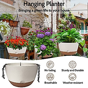 EURCRBU 2 Pack Hanging Planters for Outdoor Indoor Plants, 10 Inch Plastic Outdoor Hanging Planter, Hanging Flower Pots for Outside with Drainage Holes & Removable Saucer for Garden Home (Beige)