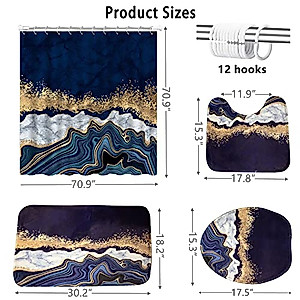 HOMAEUPIN 4 PCS Gold Marble Shower Curtain Sets with Non-Slip Rugs, Toilet Lid Cover, Bath U-Shaped Mat, Luxury Modern Marble Bathroom Sets with Rugs and 12 Hooks Accessories,Gold Dark Blue