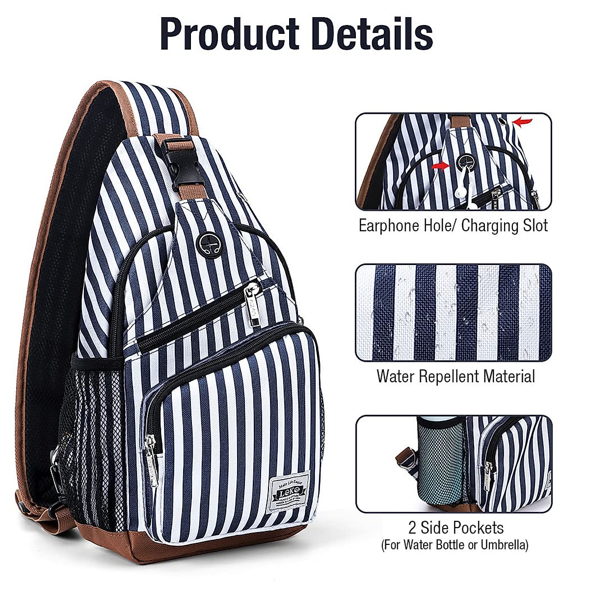 Lekebobor Sling Bag Crossbody Sling Backpack Travel Hiking Chest Bag Daypack,Blue Striped Large.