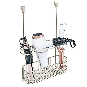 mDesign Bathroom Over the Cabinet Door Hair Care & Styling Tool Organizer Storage Basket for Hair Dryer, Flat Iron, Curling Wand, Hair Straighteners, Brushes - Matte Satin