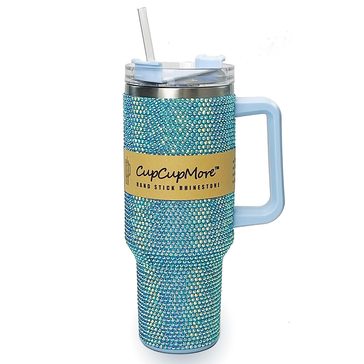 Cupcupmore 40oz Blue Bling Rhinestone Stainless Steel Sippy Tumbler Glitter Vacuum Insulated Water Bottle with Straw & Lid &Handle,Thermos for Hot & Cold Drinks,Car Cup Holder,Coffee