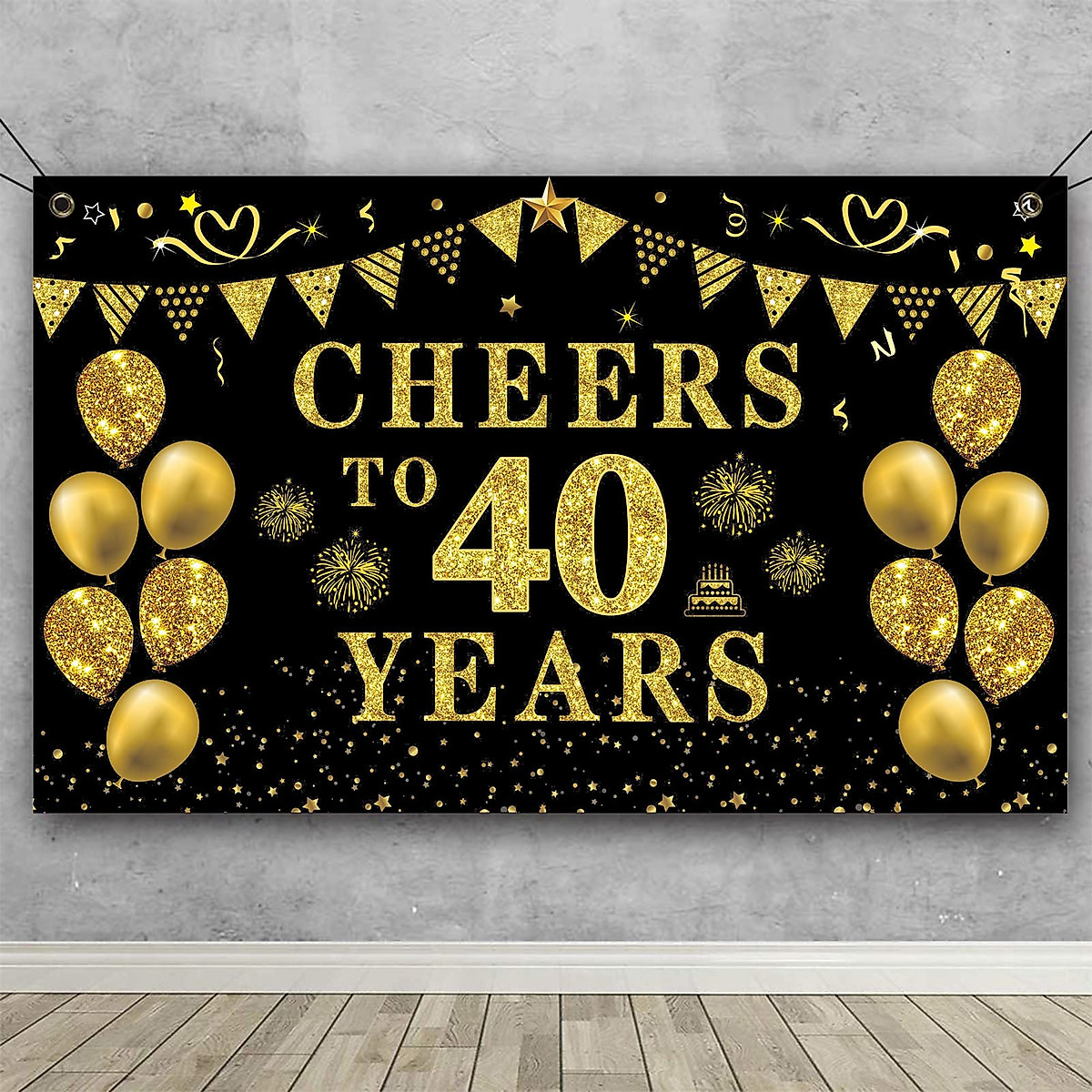 Trgowaul 40th Birthday Decorations for Women Men, Cheers to 40 Years Banner, Black and Gold 40th Birthday Backdrop, 40th Wedding Anniversary Decorations Party Banner Photography Supplies Background