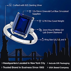 Gem Stone King 925 Sterling Silver 12X10MM Blue Simulated Sapphire and 2MM White Lab Grown Diamond 3 Stone Engagement Ring For Women | 6.78 Cttw | Gemstone September Birthstone | Size 9