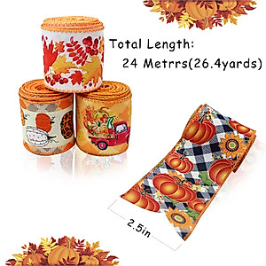 Fall Harvest Ribbon， 4 Rolls 26 Yards Thanksgiving Wired Edge Ribbons， Autumn Pumpkins Wired Edge Ribbon Fall Rustic Vintage Farm Truck Ribbon for Wreaths DIY Crafting Supplies 2.5 Inches