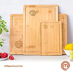 MasterChef Cutting Boards for Kitchen, Bamboo Chopping Board Set of 3, Organic Food Safe Surfaces for Preparing & Serving Meat, Cheese etc, Large, Medium & Small Wooden Boards with Juice Grooves