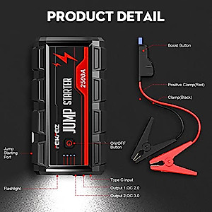 FEIKFEIZ Car Jump Starter, 2500A Peak 22800mAh 12V Car Battery Starter(Up to All Gas, 8.0L Diesel Engine), with USB Quick Charge 3.0,LED Light.