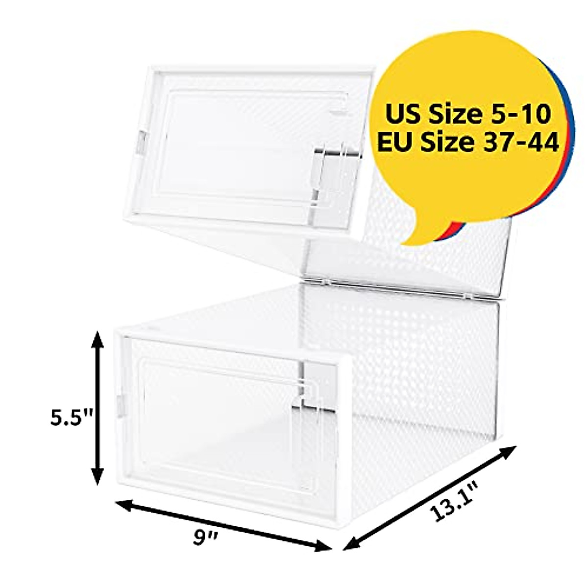 Verybegin 6-Pack Large Shoe Storage Boxes, Shoe Organizer, Clear Plastic Shoe Boxes, Shoe Containers Sneaker Storage, Stackable, Breathable, Space Saving, Easy Assembly, Fit up to US Size5-10(13.1"x9"x5.5"), White