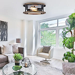 2 Pack Farmhouse Ceiling Light Fixture,Super Bright E26 Base 2-Light Hallway Light Fixtures Ceiling,Anti-Corrosion Wood and Black Flush Mount Ceiling Light for Hallway, Kitchen,Entry,Porch Etc