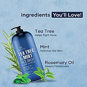 Botanic Hearth Tea Tree Face Wash with Mint - Acne Fighting, Therapeutic, Hydrating Liquid Face Soap with Pure Tea Tree Oil - for Women and Men, Paraben Free, Fights Acne - 16 fl oz
