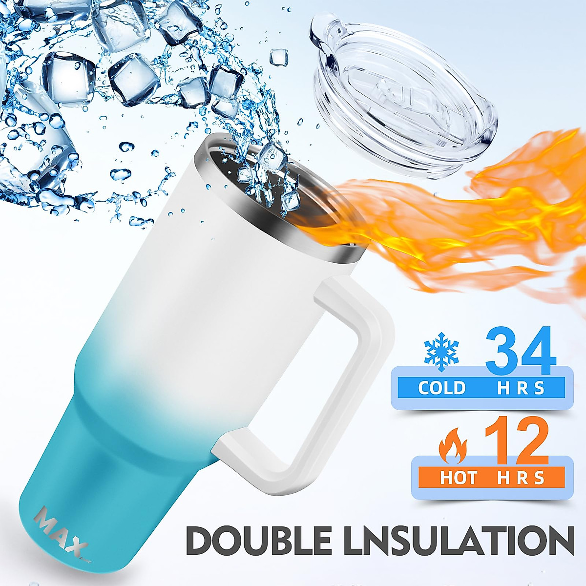 MaxBase 40 Oz Tumbler with Handle and Straw Lid, Insulated Reusable Stainless Steel Travel Mug Keeps Drinks Cold up to 34 Hours, 100% Leakproof Bottle (WhiteBlue)