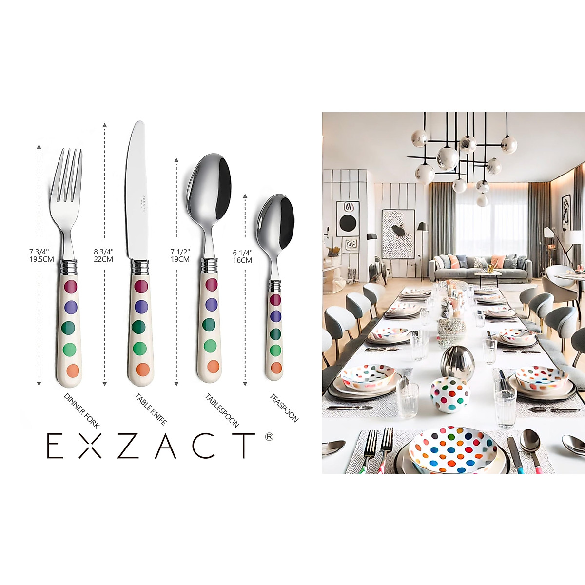 EXZACT Cutlery Set 24 PCS Stainless Steel with Polka Dots Handle - Dinner Knife x 6, Dinner Fork x 6, Table Spoon x 6, Tea Spoon x 6, Service for 6 - Mirror Polished