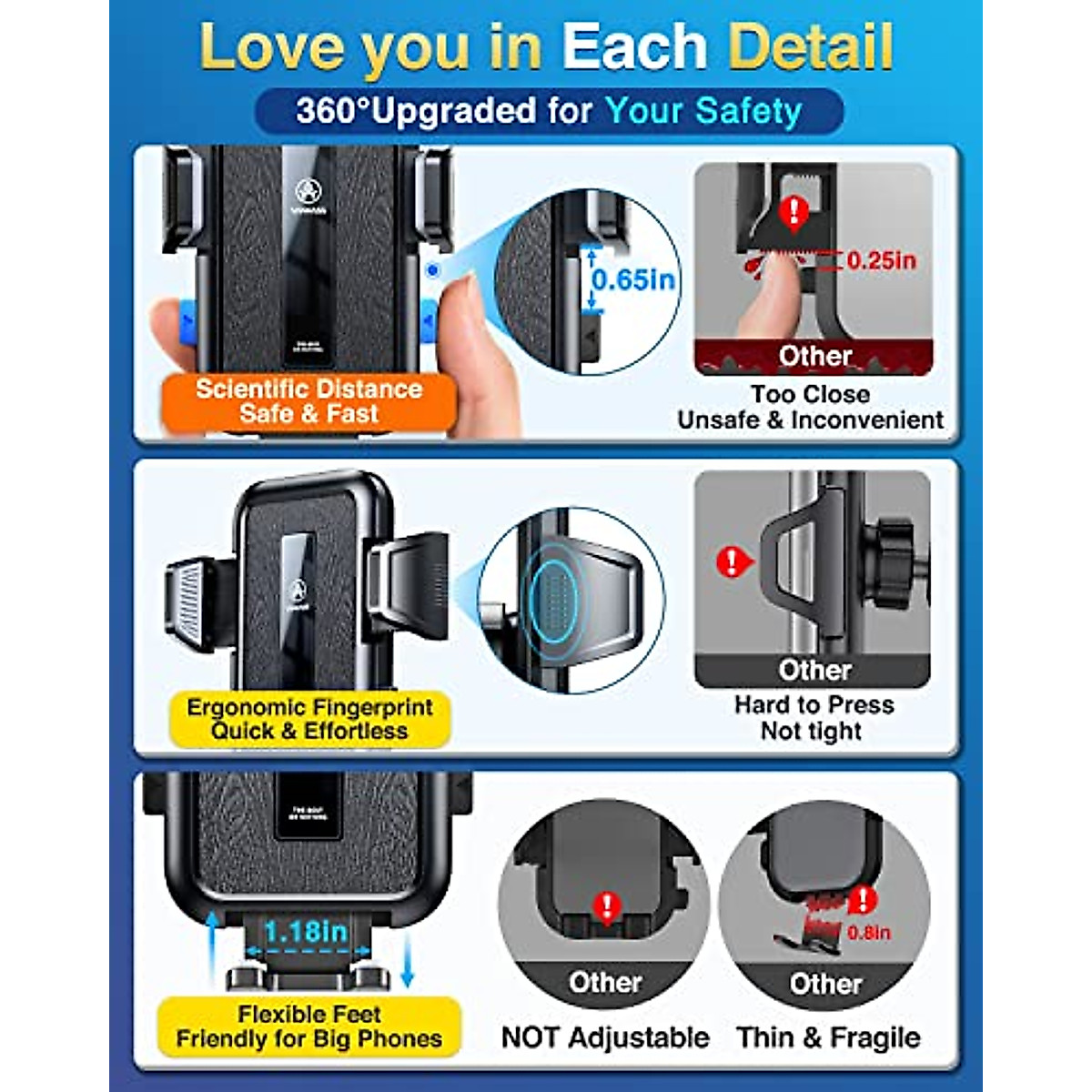 VANMASS 2022 Newest Car Phone Holder Mount [Upgraded Super Suction] Dashboard Phone Holder, Cell Phone Holder Car Dash Windshield Air Vent Stand for iPhone 14 13 12 Pro Max Samsung, Matt Black