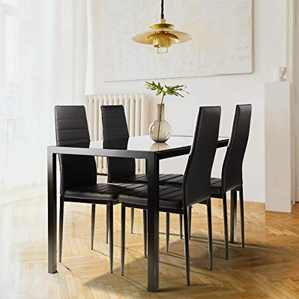 Henf 5-Piece Kitchen Dining Table Set W/Glass Tabletop, 4 PU Leather Chairs Glass Dining Set for Home Kitchen Dining Room Breakfast Furniture, Black