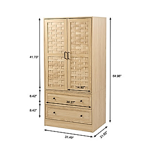 QEIUZON Wardrobe Closet, Freestanding Closet Wardrobe Cabinet with Wide Drawers & Hanging Rod, Armoire for Bedroom, Kids' Room, Dorm (Natural)