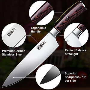 Chef Knife, VIPON 8 inch High Carbon Stainless Steel Kitchen Knife Ergonomic Handle Durable Blade Sharp Butcher Knife with Guard&Gift Box
