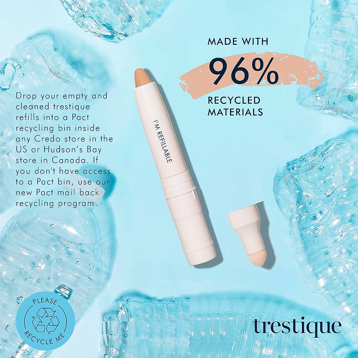 Trestique Concealer Crayon, Refillable Makeup Concealer With Built-In Blending Sponge, Sustainable Under Eye Concealer, Clean Beauty Concealer Makeup