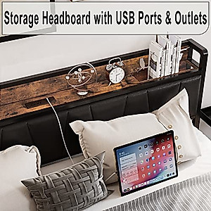 LIKIMIO Queen Bed Frame, Storage Headboard with Charging Station, Solid and Stable, Noise Free, No Box Spring Needed, Easy Assembly (Vintage and Black)