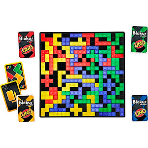Mattel Games Blokus Shuffle UNO Edition Strategy Board Game, Family Game with Colorful Pieces and UNO-Themed Action Cards