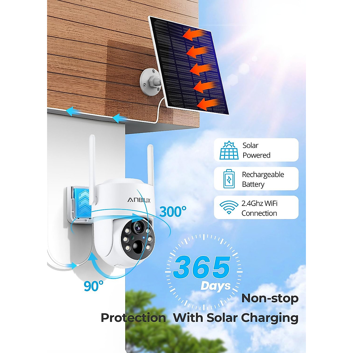 ANBIUX 2.5K 4MP Solar Security Cameras Wireless Outdoor, Solar Cameras for Home Security Outside, 2.4Ghz WiFi Camera with PIR Detection, Color Night Vision, 2-Way Audio, Siren, IP66, Events Recording