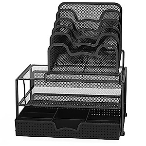 SimpleHouseware Mesh Desk Organizer with Sliding Drawer, Double Tray and 5 Stacking Sorter Sections, Black
