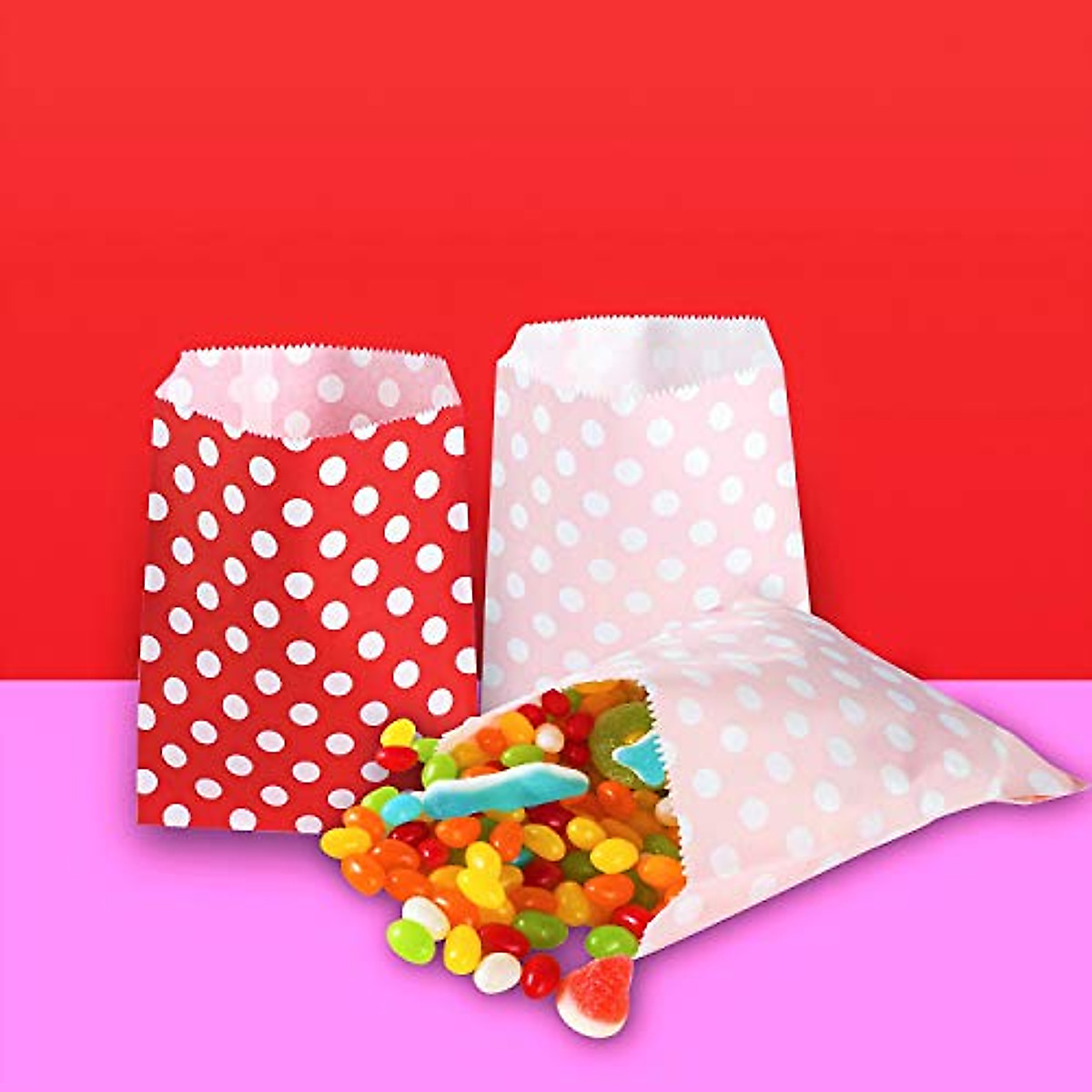 Kolewo4ever 100 pieces Valentines Treat Bags Buffet Paper Bags Party Favor Goody Bags Gift Bags Red Pink Striped Dot Candy Bags for Valentines Wedding parties