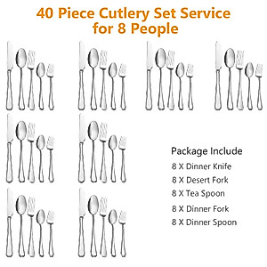 40 Pieces Silverware Set for 8, ASKSCICI Stainless Steel Flatware Cutlery Set for Home and Restaurant, Including Knife, Fork & Spoon, Modern Design, Dishwasher Safe