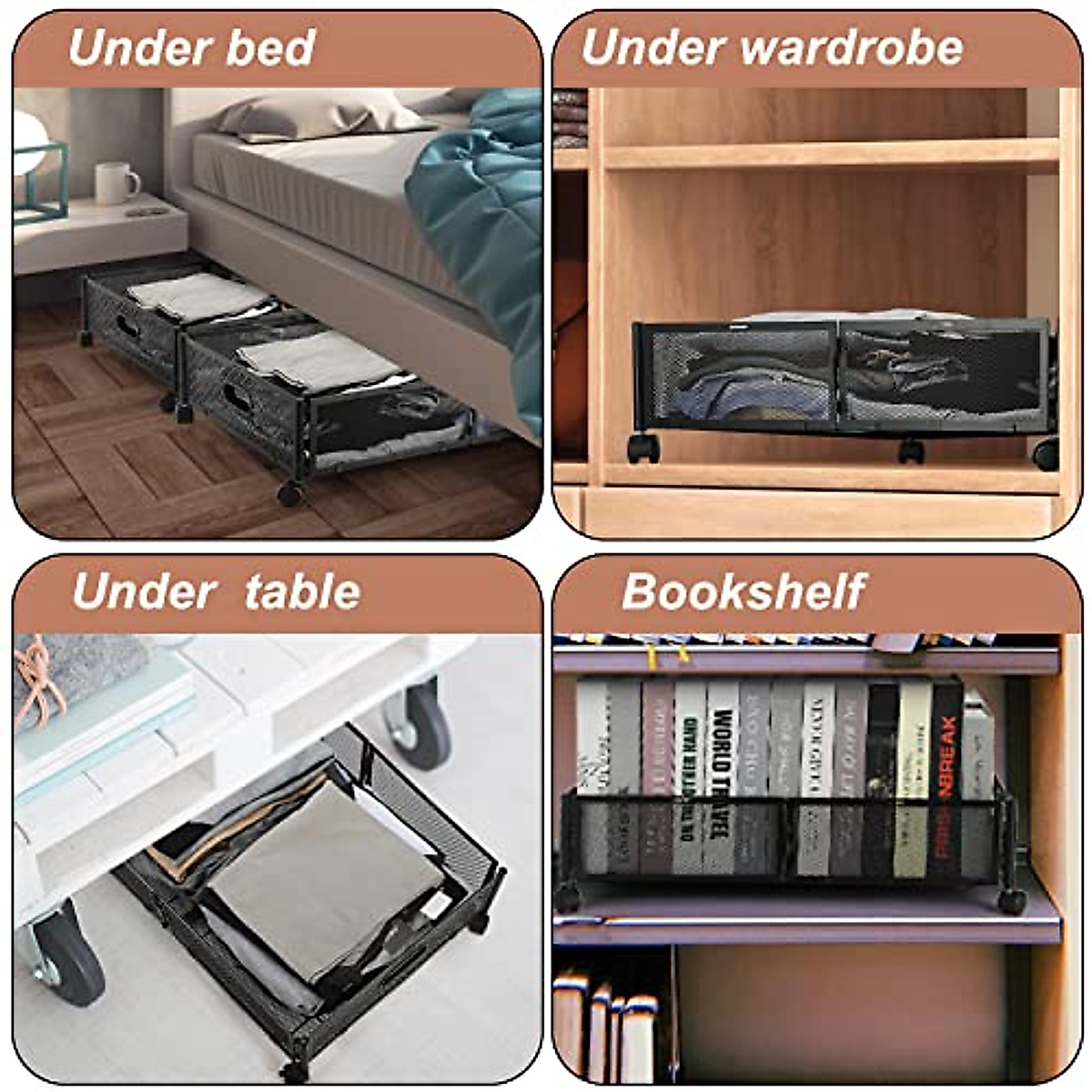 Under Bed Storage Containers with Wheels,2 Pack Black Underbed Storage Shoes Organizer Containers,Upgraded Wheels with Large Capacity Metal Underbed,Storage Containers for Bedroom Clothing Shoes