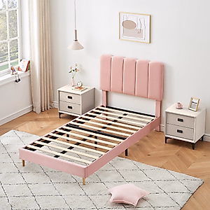 GAOMON Pink Twin Bed Frame, Velvet Upholstered Platform Bed Frame with Headboard, Strong Wooden Slats, Noise-Free,No Box Spring Needed, Easy Assembly (Pink)