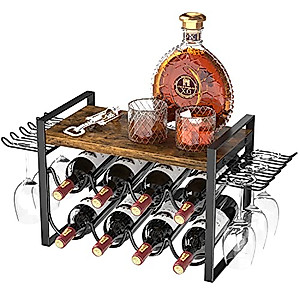 JAFUSI Wine Rack with Glass Holder, Countertop Wine Rack Metal Frame, Wine Holder Stand with Wooden Tray, Bottles Rack for Home Decor Kitchen Storage (Hold 8 Bottles and 4~6 Glasses)