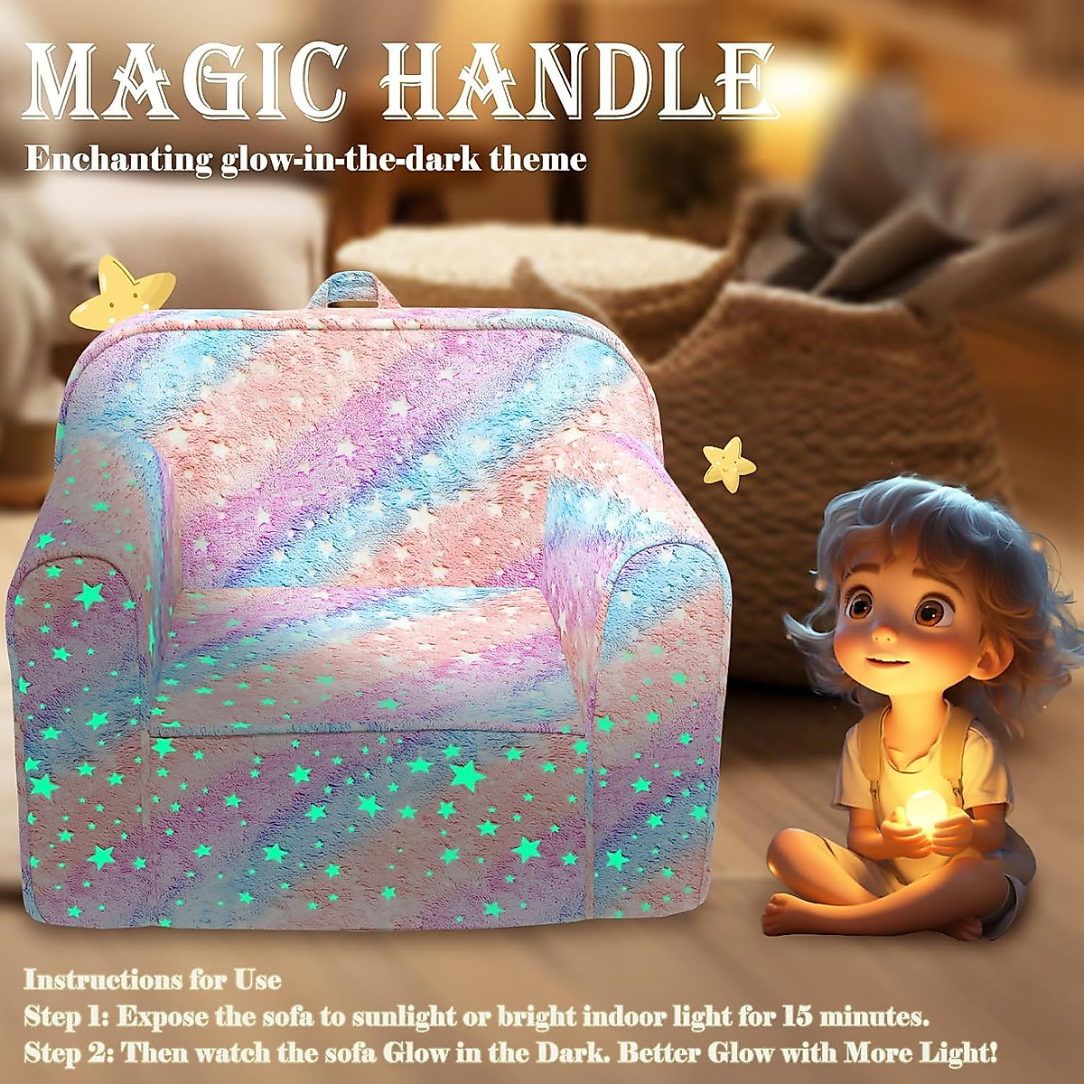 magic handle Kids Chair, Toddler Armchair with Foam, Glow in The Dark Kids Foam Sofa with Plush Removable Washable Cover Carrying Handle (Rainbow Pink)