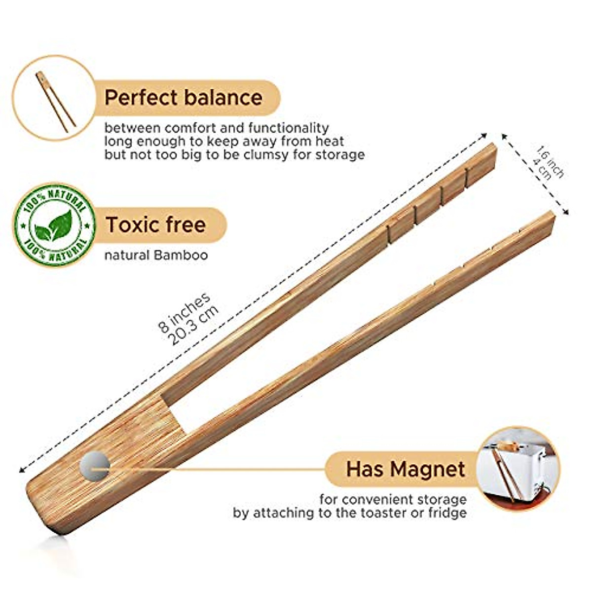 Toaster Tongs With Magnet | Kitchen Utensils For Cooking and Holding Toast Bacon Muffin Bagel Bread | 8 Inch Long Natural Non Toxic Bamboo